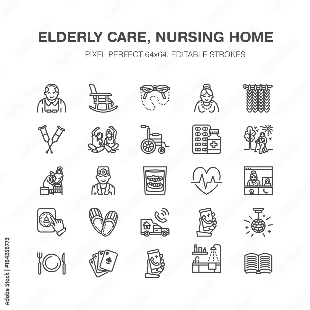 Elderly care vector flat line icons. Nursing home elements - old people ...