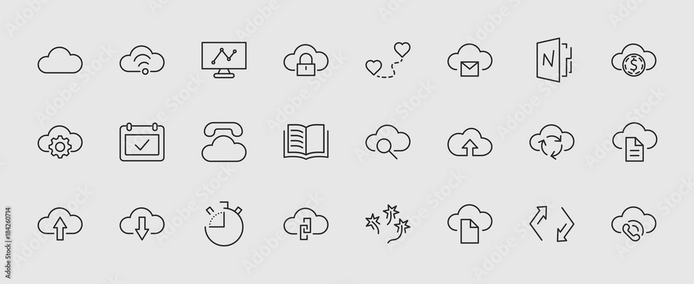 Set of cloud vector line icon. It contains symbols to upload, download ...