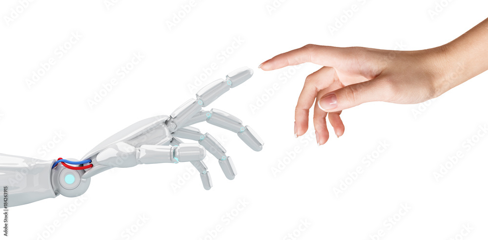Human hand touching an android hand. Stock-Foto | Adobe Stock