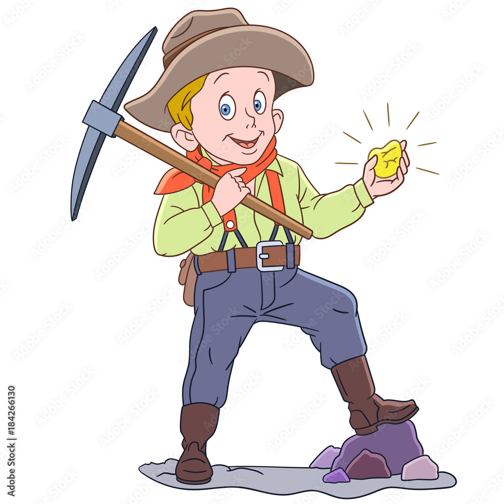 Cartoon gold miner with golden nugget. Design for children's coloring ...