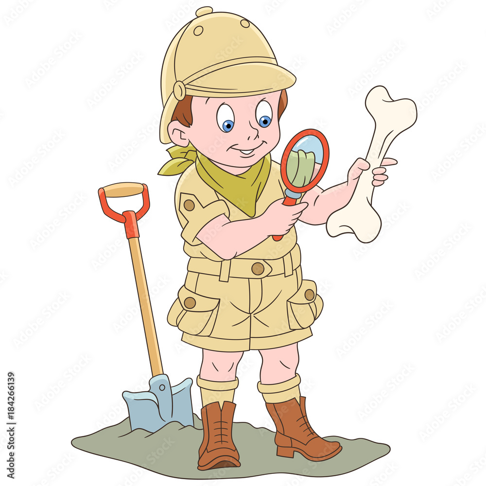 Cartoon archaeological explorer with fossil bone. Design for children's ...