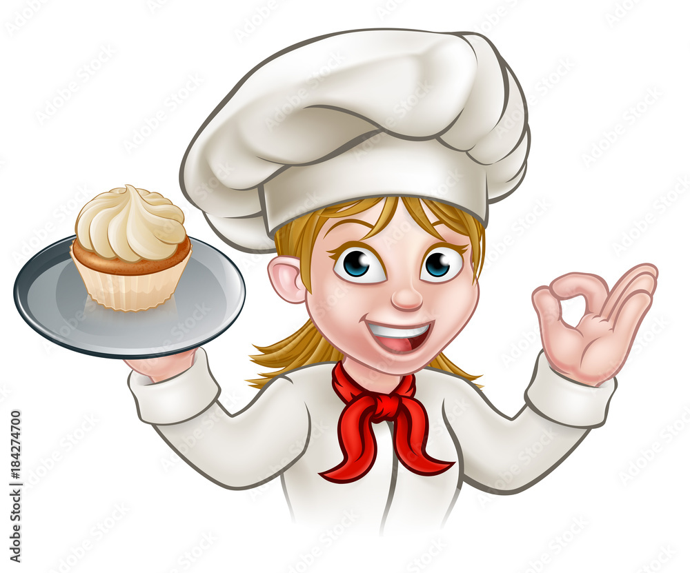 Cartoon Woman Pastry Chef Baker With Cupcake Stock Vector | Adobe Stock