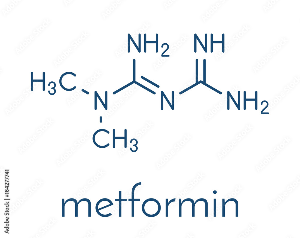 Metformin diabetes drug (biguanide class) molecule. Skeletal formula ...