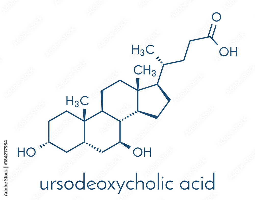 Ursodiol (ursodeoxycholic acid, UDCA) gallstone treatment drug molecule ...