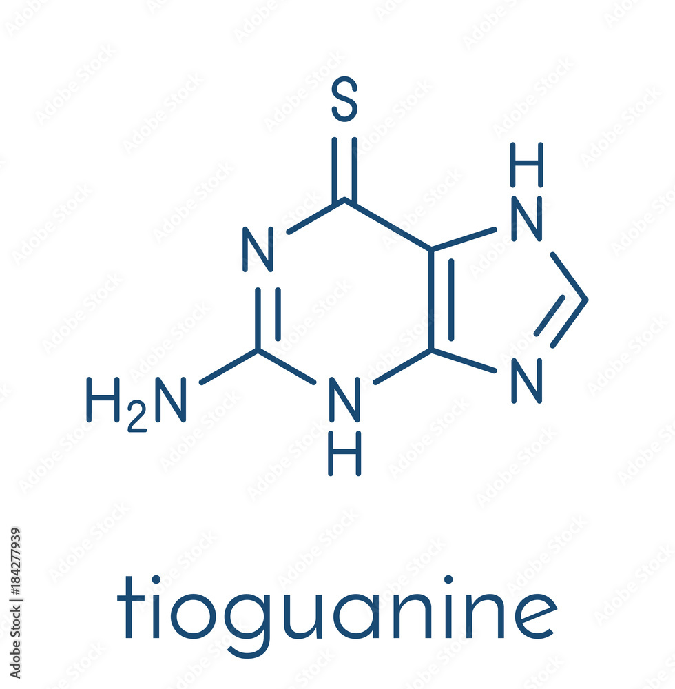 Tioguanine leukemia and ulcerative colitis drug molecule. Skeletal ...