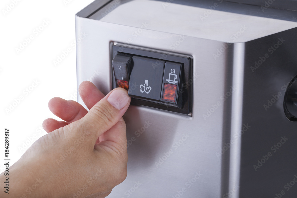 Pressing ON button, espresso machine, stages of coffee making, isolated ...