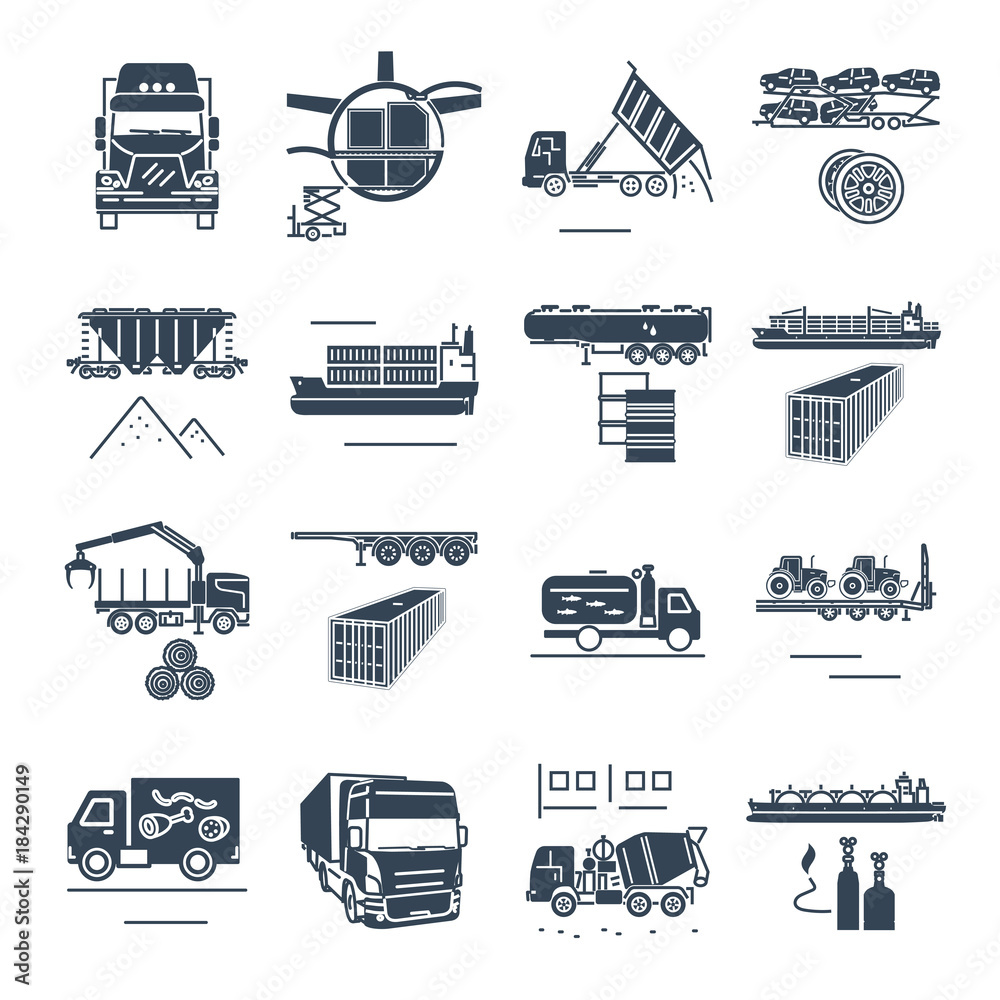 set of black icons freight transport process, goods and cargo Stock ...