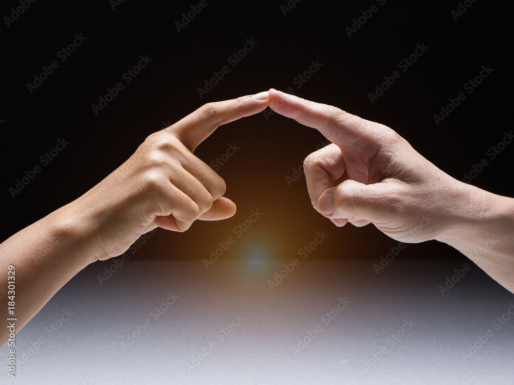 Closeup human hand touch together.The finger of lady and man is ...
