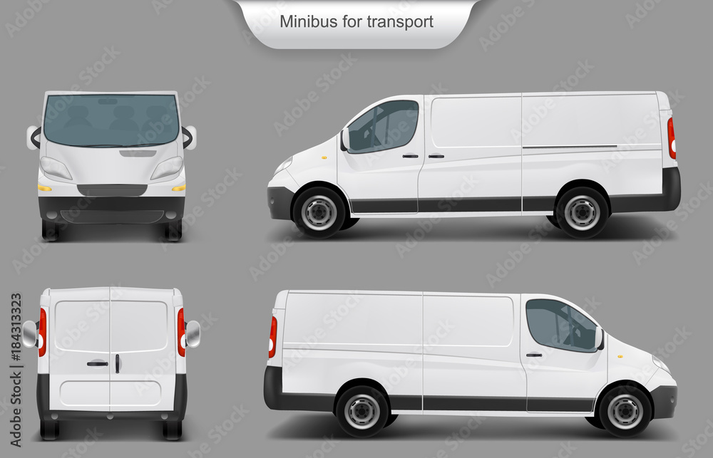 Vector realistic white delivery minivan, city minibus front, back, side ...