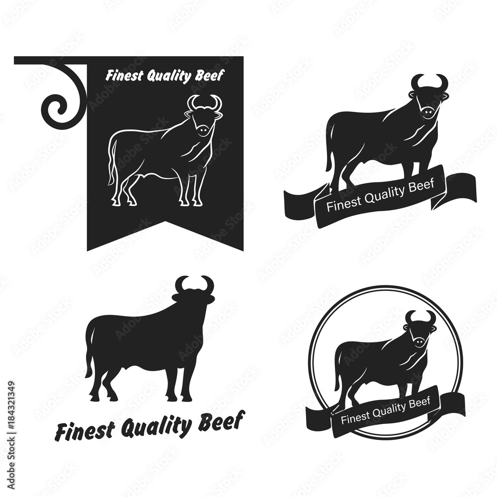 Adult bulls standing vector illustration logo set. Black silhouette and ...