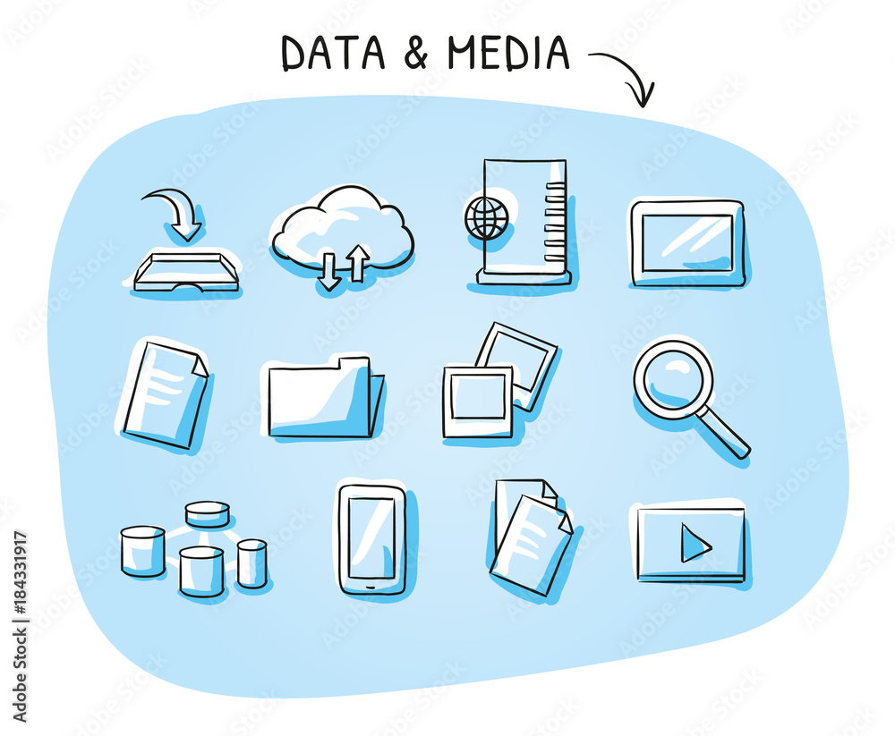 Set with file sharing icons, as cloud, file folder, data blocks, papers, photos, server and ...
