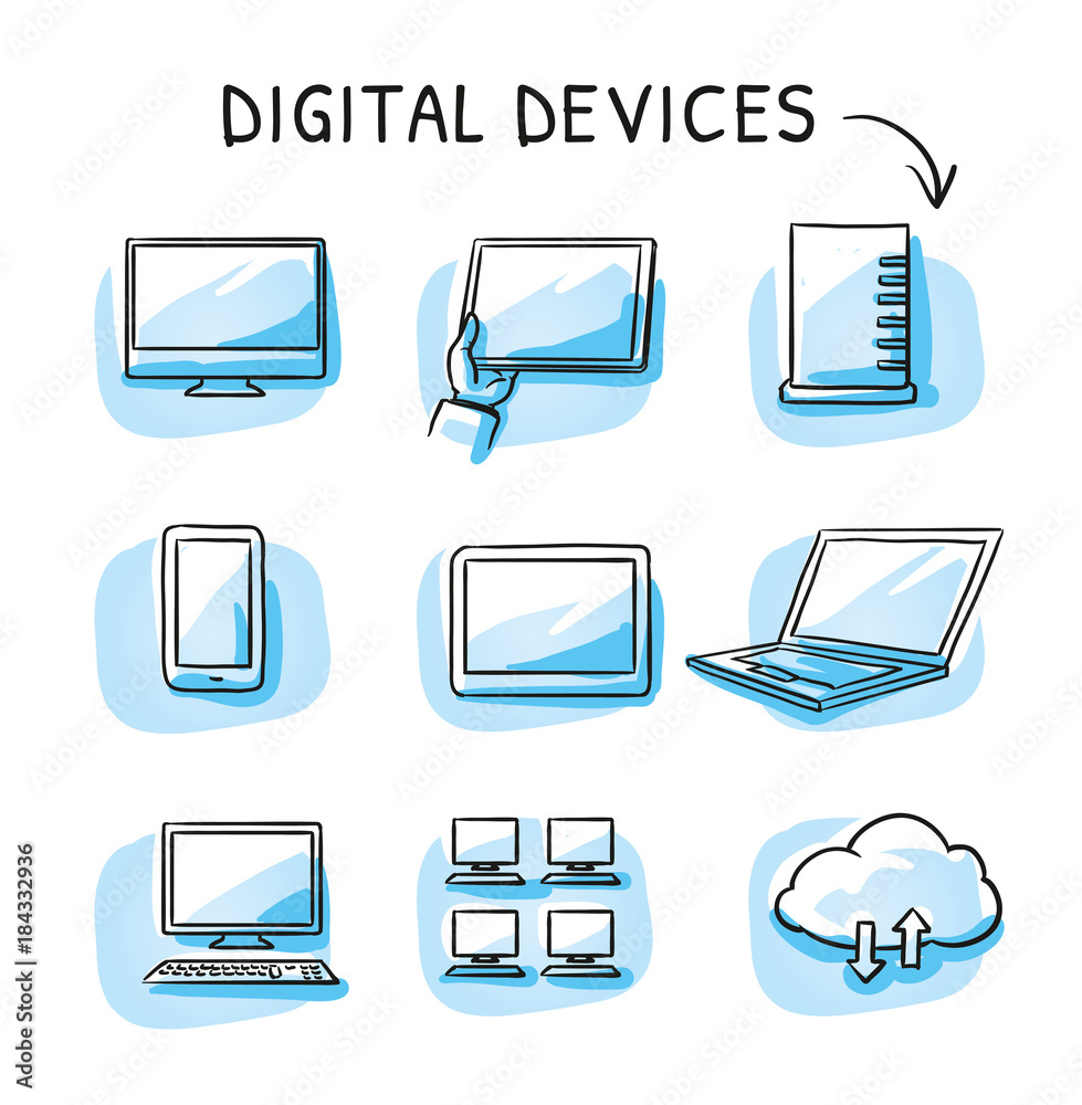 Set with different computer and mobile device icons as phone, tablet ...