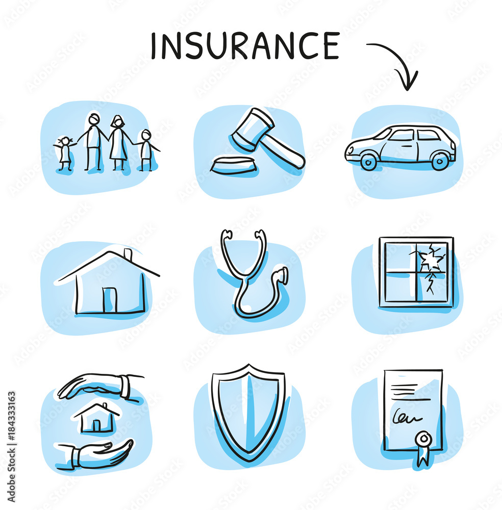 Set with different insurance icons, as car, health, legal, liability ...