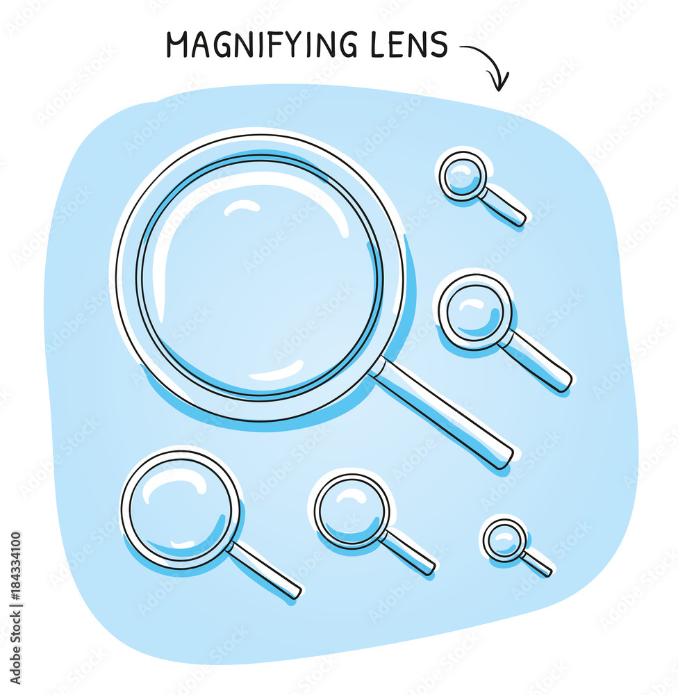 Icon set of magnifying glasses in different sizes and styles, for zoom ...