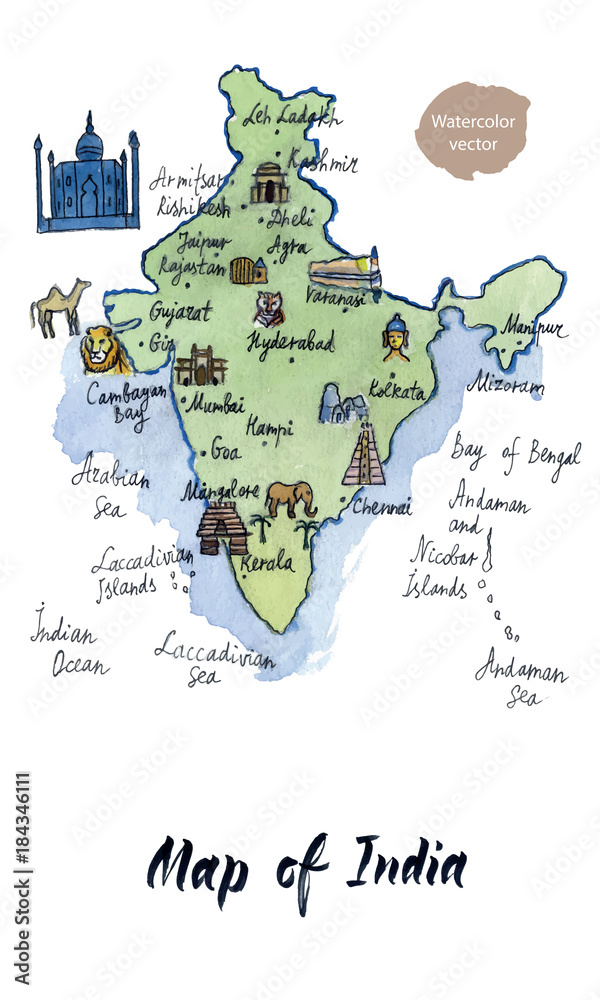 Map of attractions of India, watercolor hand drawn vector illustration ...
