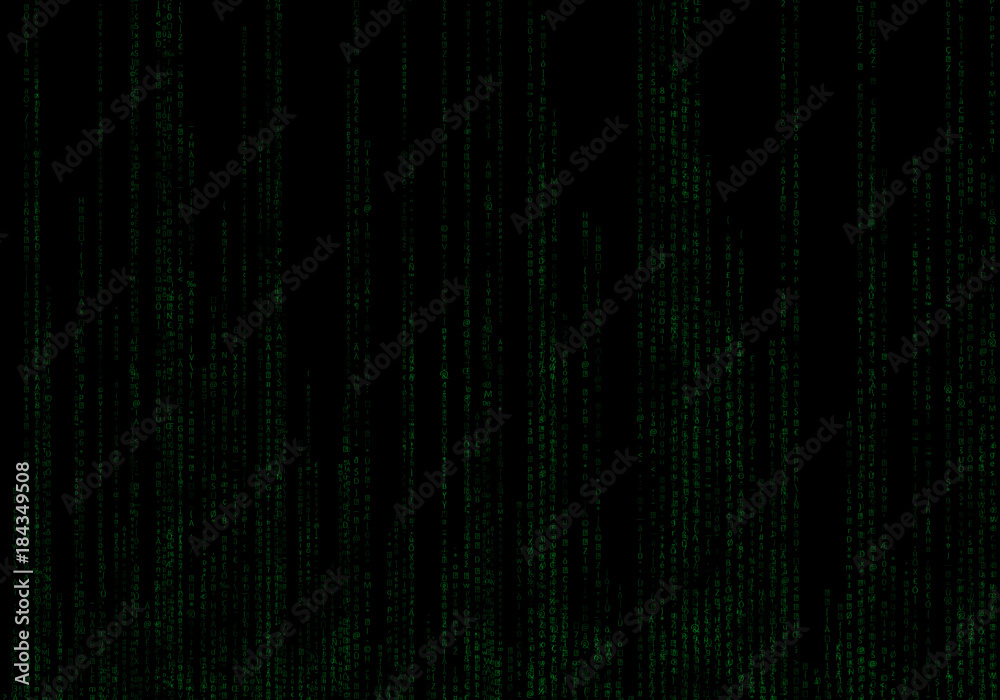 Binary code black and green background with digits on screen Concept of digital age. Algorithm ...