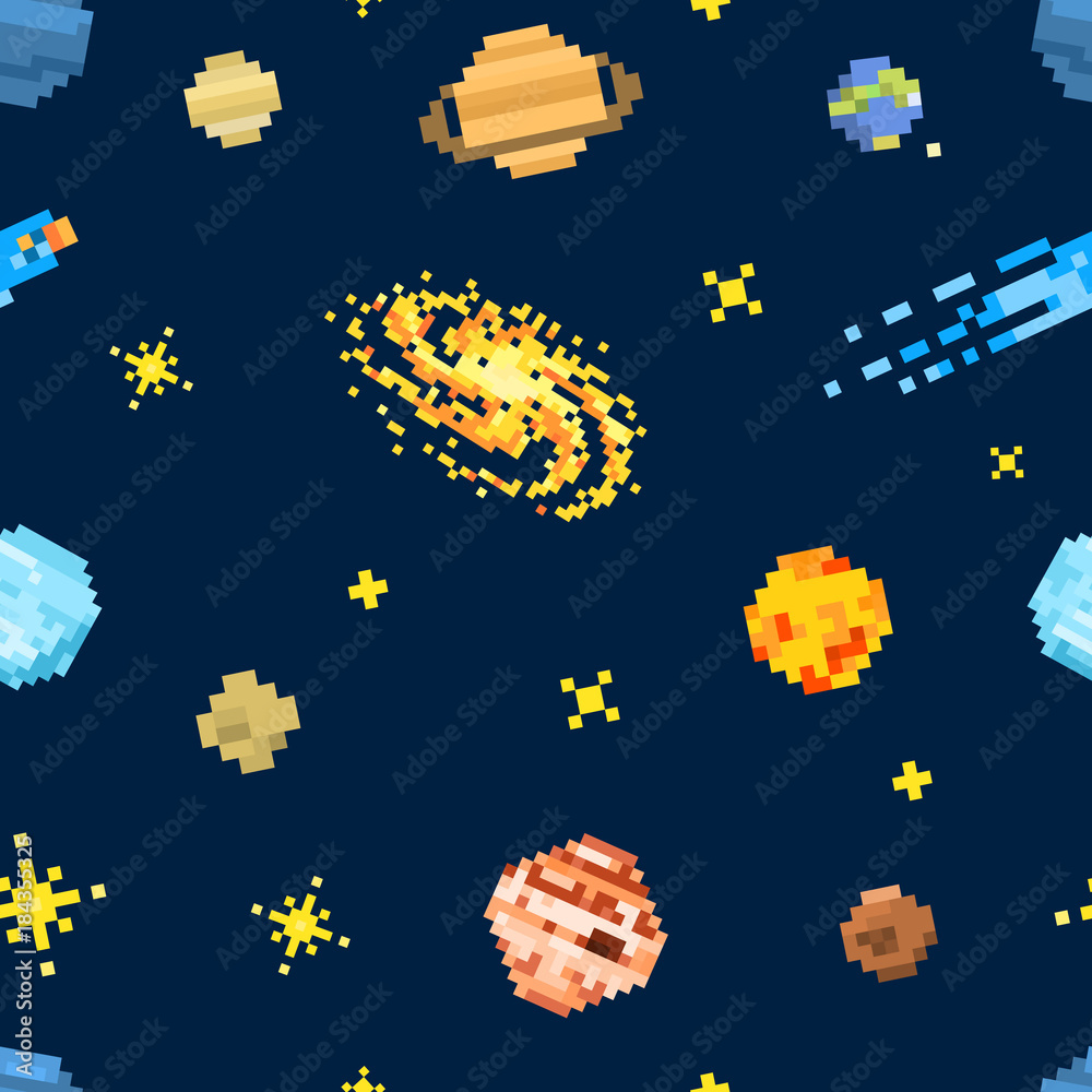 space seamless pattern background, alien spaceman, robot rocket and ...