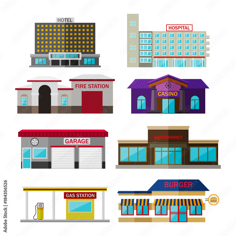 Different shops, buildings and stores flat icon set isolated on white ...