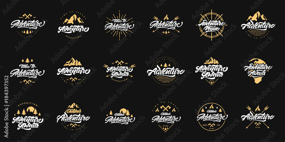 Big Adventure lettering set logos with gold illustrations. Vintage ...