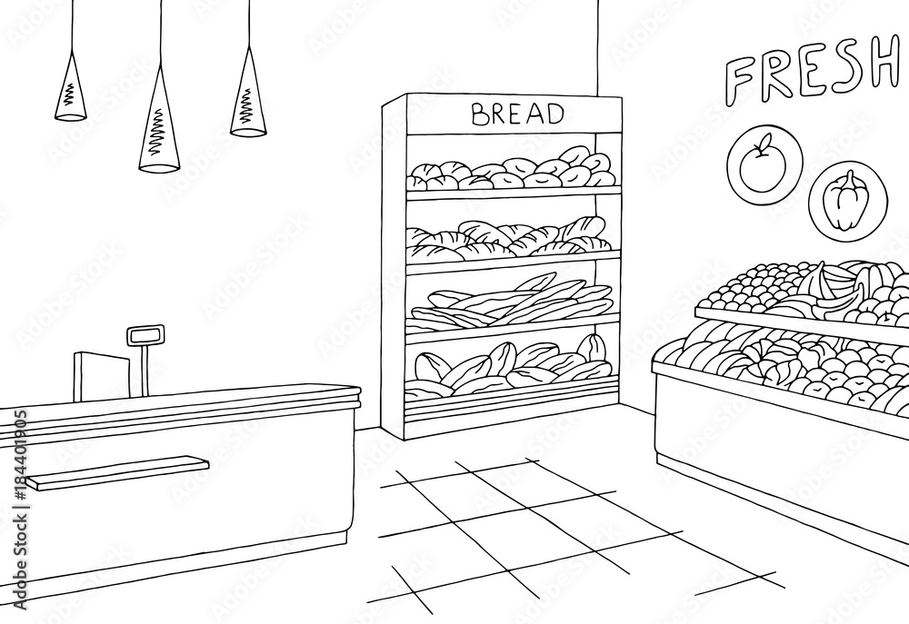 Grocery store shop interior black white graphic sketch illustration ...