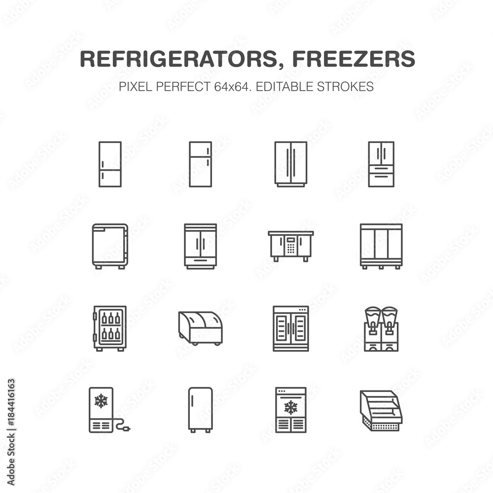 Refrigerators flat line icons. Fridge types, freezer, wine cooler ...