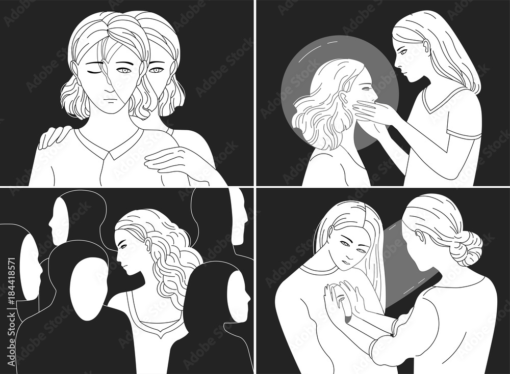 Collection of portraits of depressed young women. Concepts of ...