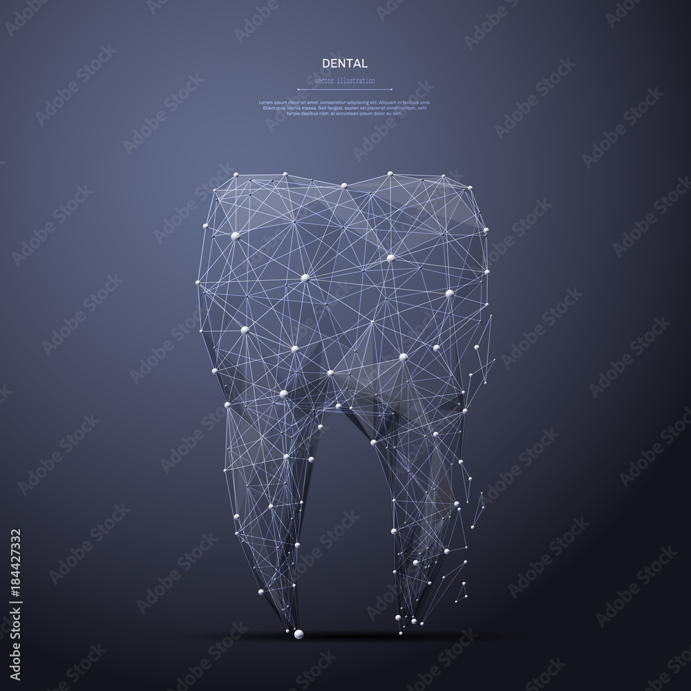Polygonal tooth. Dental concept. Vector mesh spheres from flying debris ...