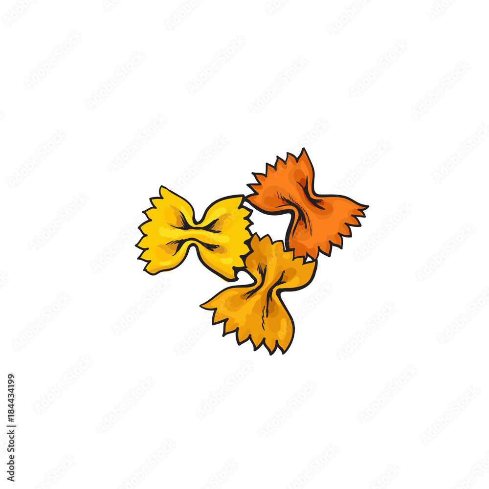 Raw, uncooked bow tie, butterfly shaped Italian pasta, Farfalle, sketch ...