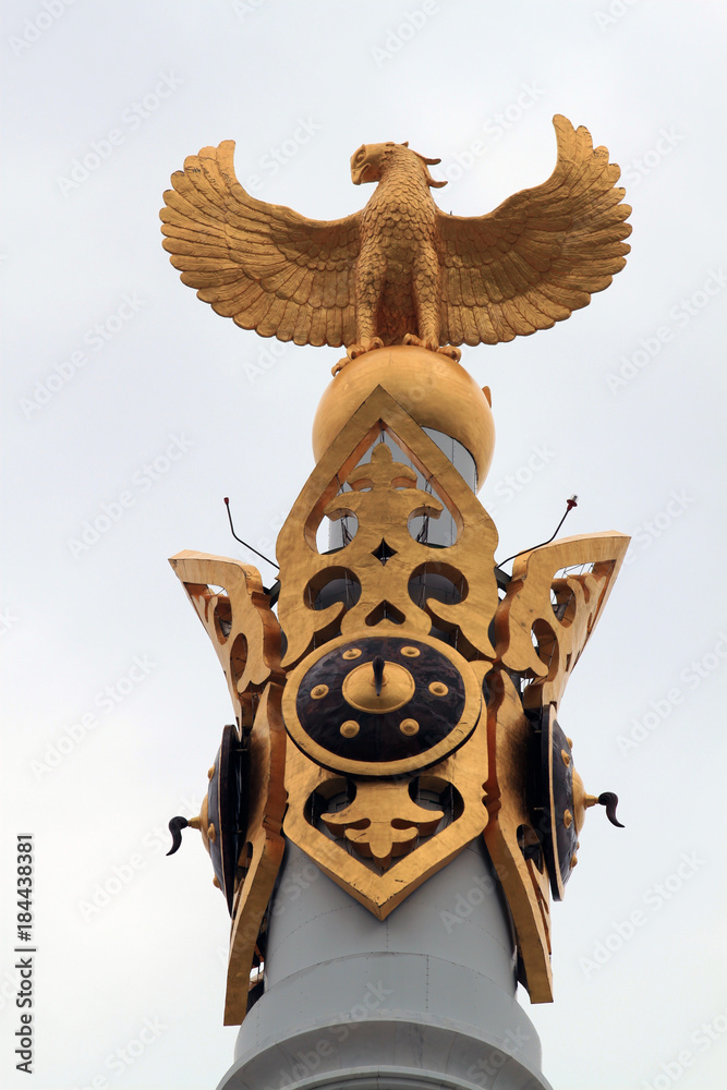Astana. Kazakhstan. Golden figure of a bird Samruk at the top of the ...
