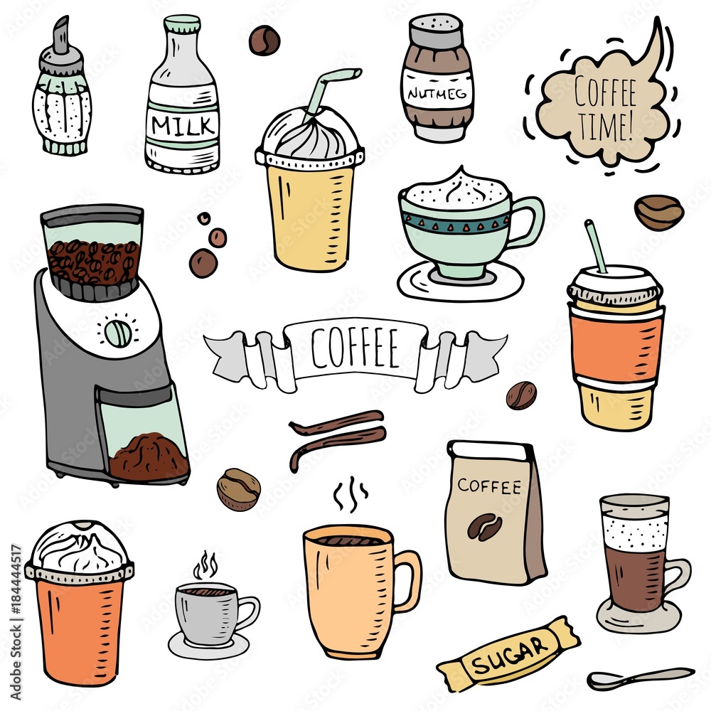 Hand drawn doodle Coffee time icon set Vector illustration isolated ...