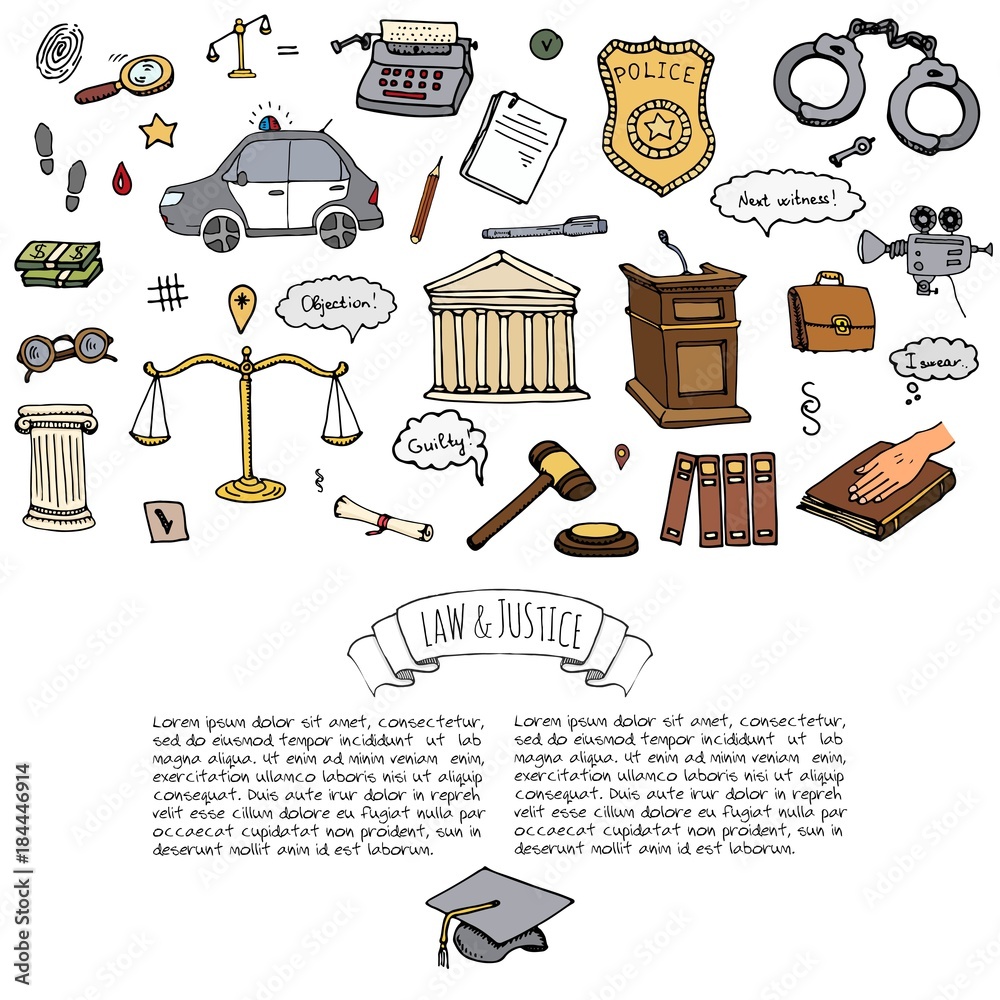 Hand drawn doodle Law and Justice icons set Vector illustration law ...