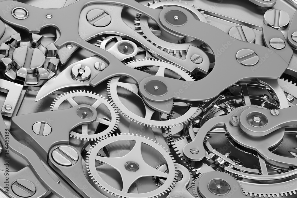 Clock machinery 3D rendering with gears close-up view grayscale ...