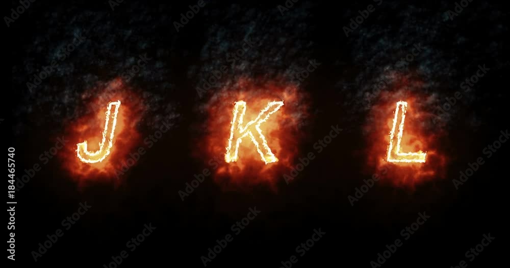 burning font j, k, l, fire word text with flame and smoke on black ...