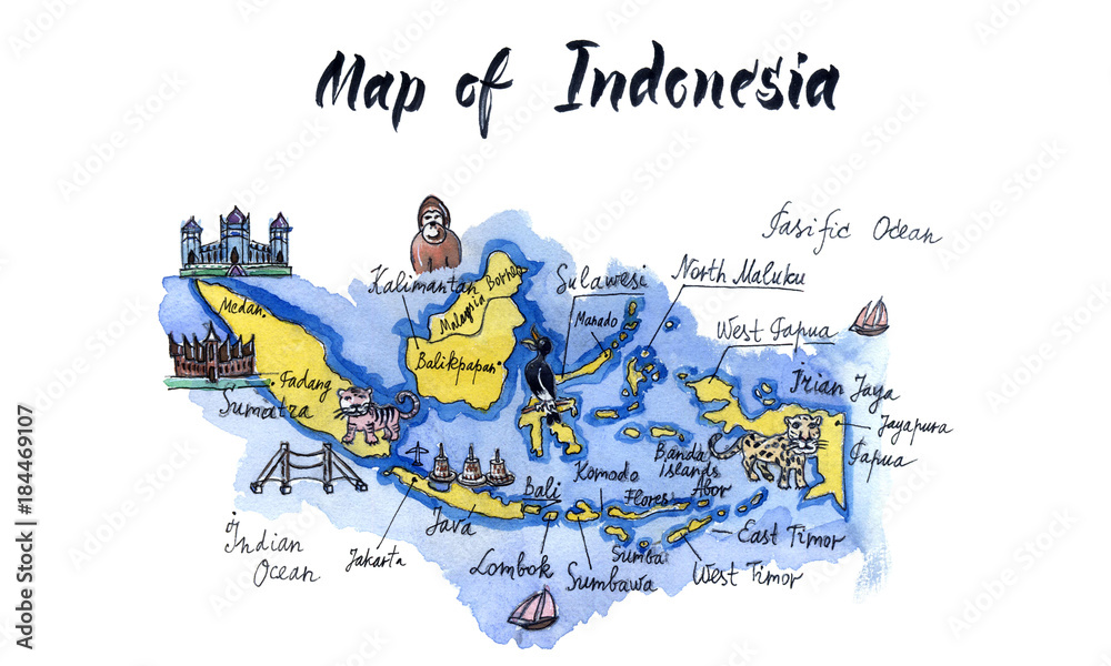 Map of attractions of Indonesia, watercolor hand drawn, illustration ...