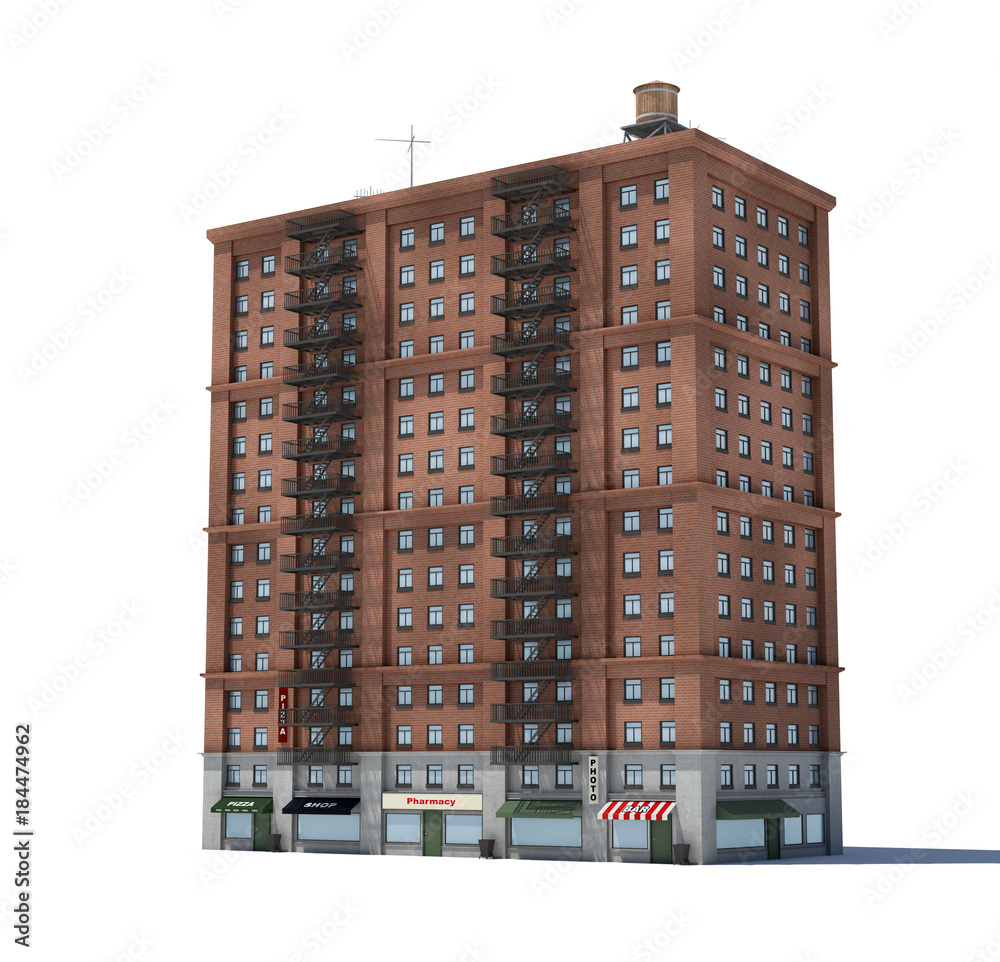 3d rendering of a red brick apartment building with fire escapes and ...