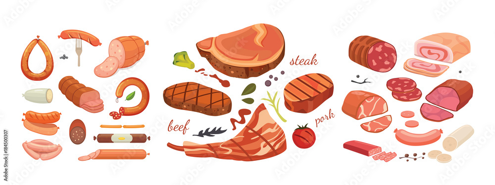 Different types of meat products set. Isolated set food on white ...