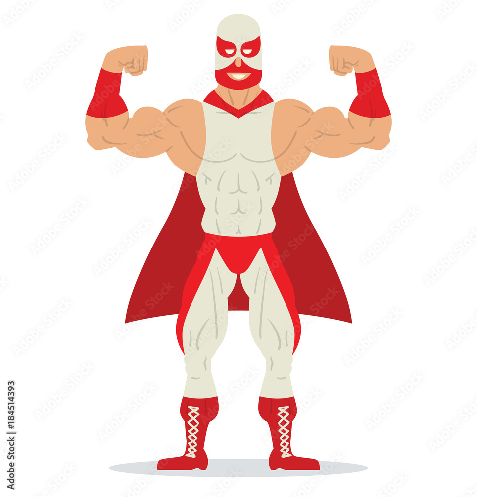 Vector cartoon image of a wrestler in red and white mask, red and white ...