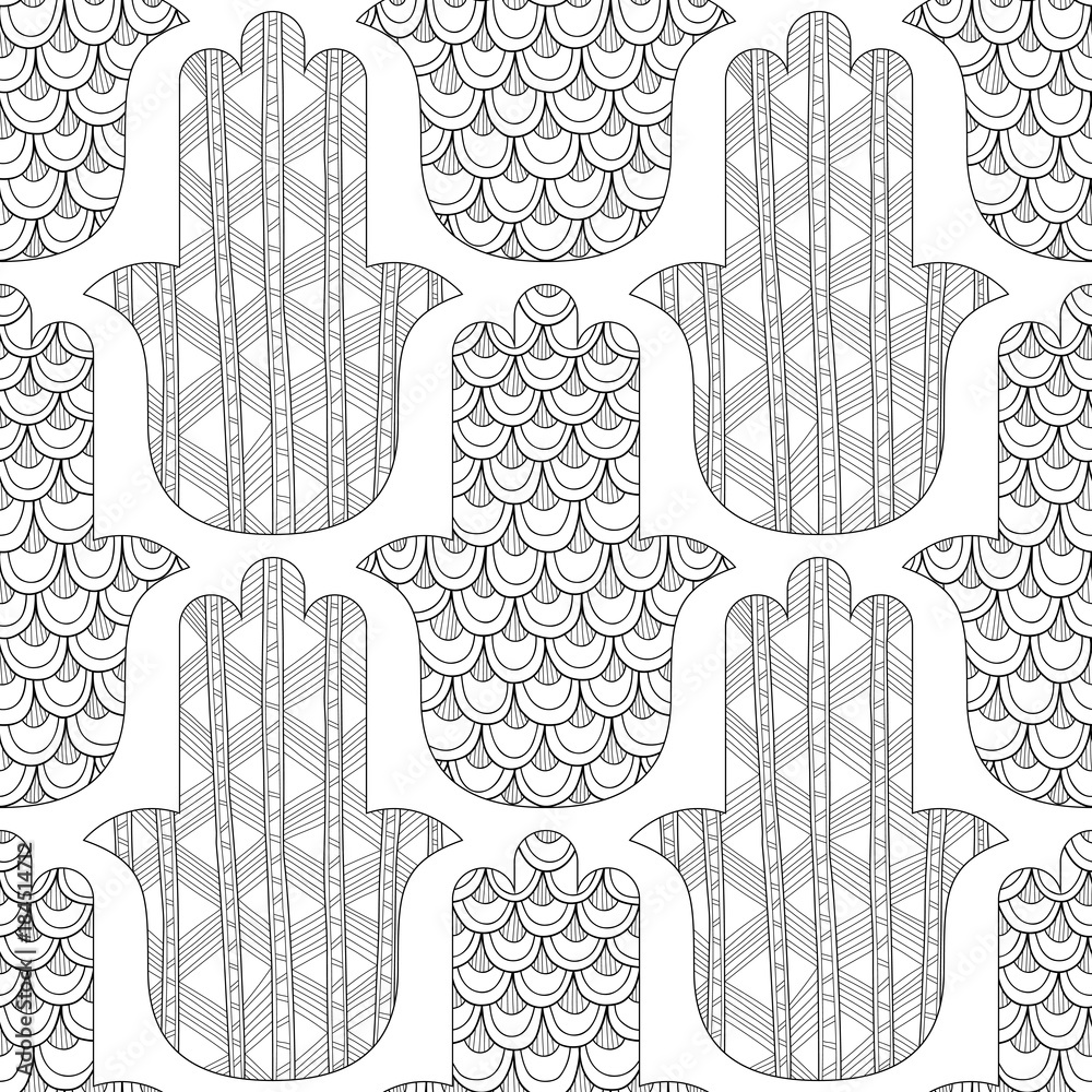 Hamsa hand. Black and white seamless pattern for coloring page ...