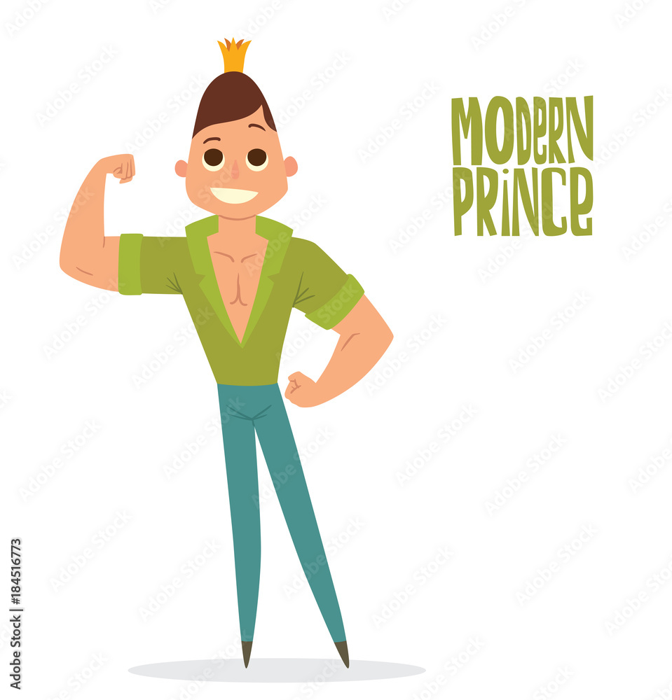 Vector cartoon image of a modern prince. Man with dark brown hair. Man ...