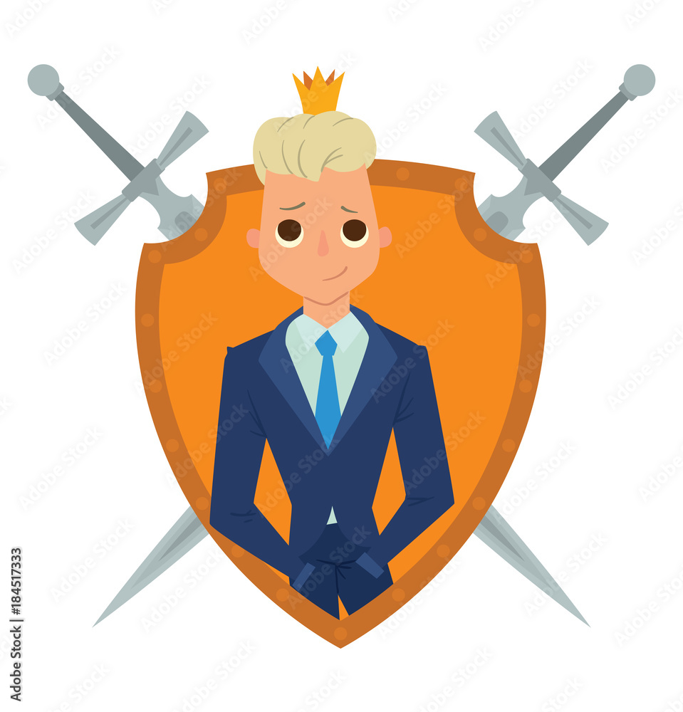 Vector yellow frame as shield with crossed swords. Cartoon image of a ...