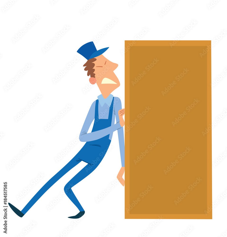 Vector cartoon image of a porter man with dark brown curly hair. Man in ...