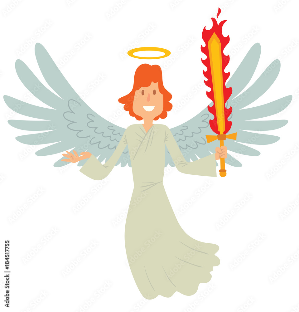 Vector cartoon image of a male angel. Male angel with red hair in white ...