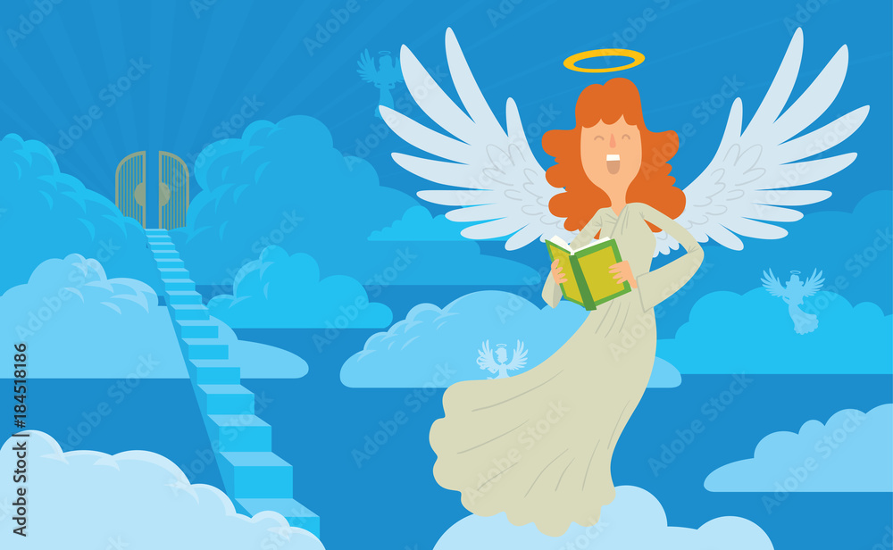 Vector cartoon image of a female angel on a background of heaven. Angel ...
