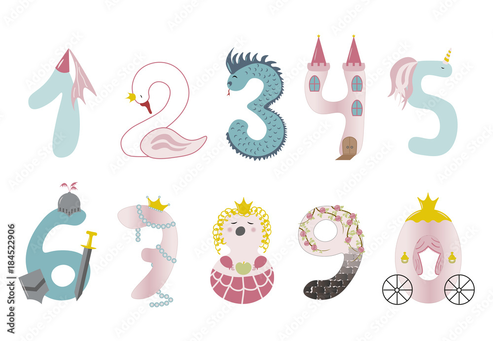 Funny vector cute princess numbers. Colorful numbers for mathematics ...
