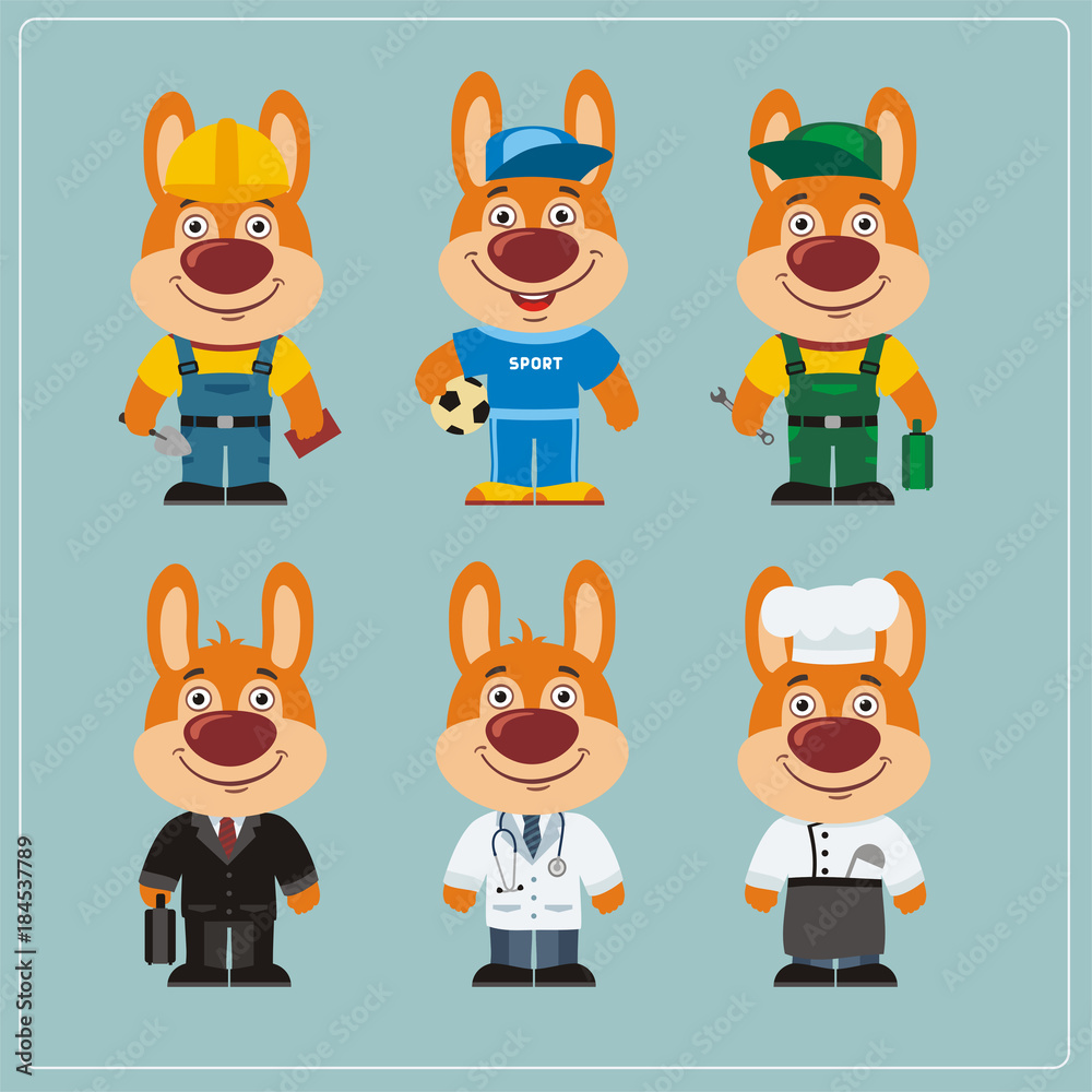 Set of bunny rabbit in different costumes: builder, sportsman, worker ...