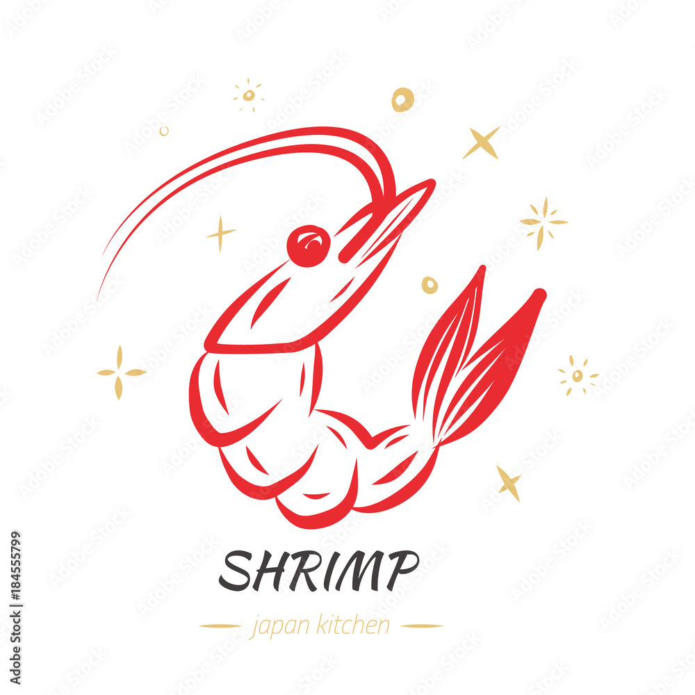 Cocktail Shrimp sketch logo with abstract signs around. Red seafood ...