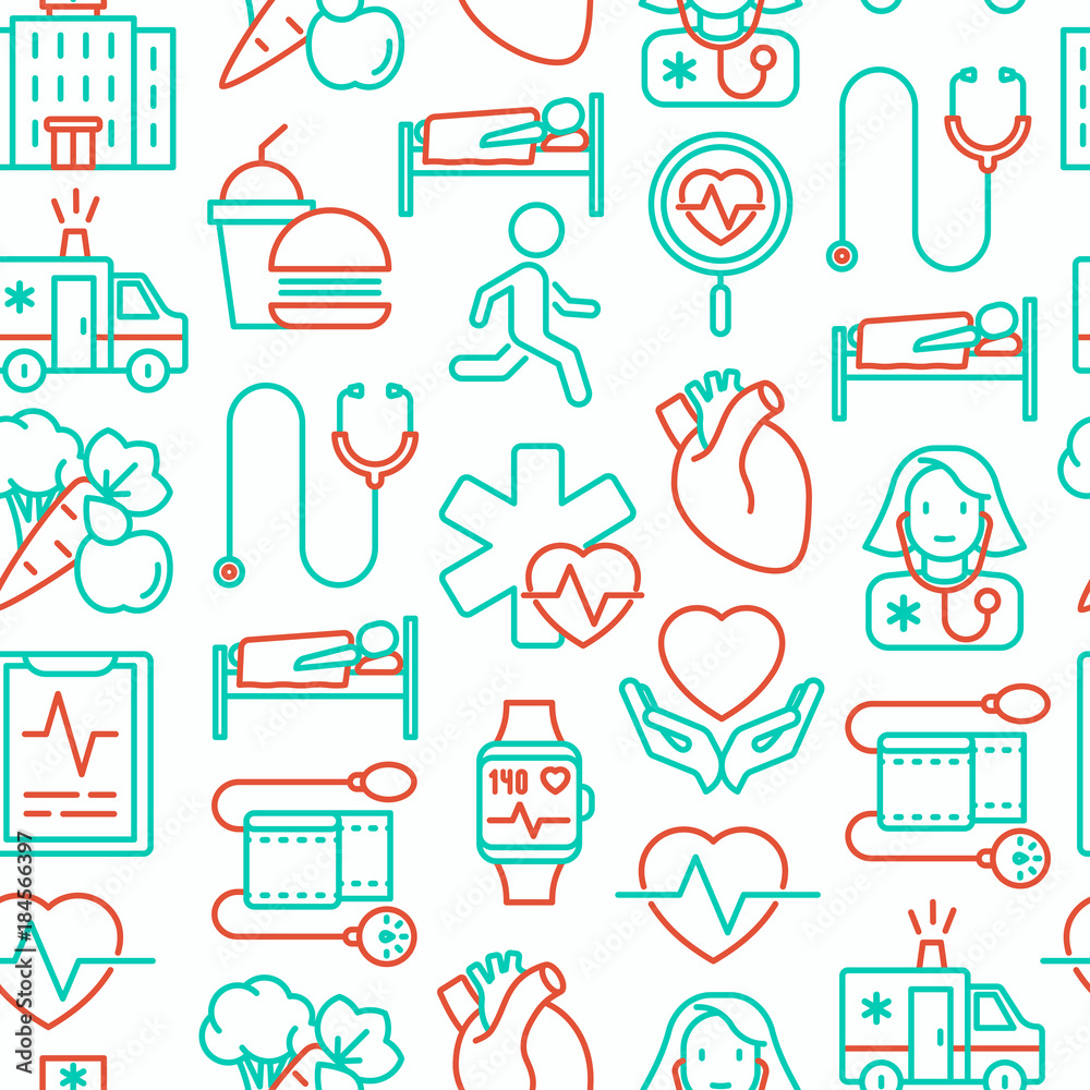 Cardiology seamless pattern with thin line icons: cardiologist ...
