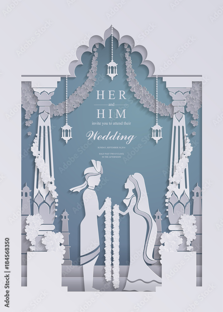 Indian wedding Invitation card templates with Paper art and craft style ...