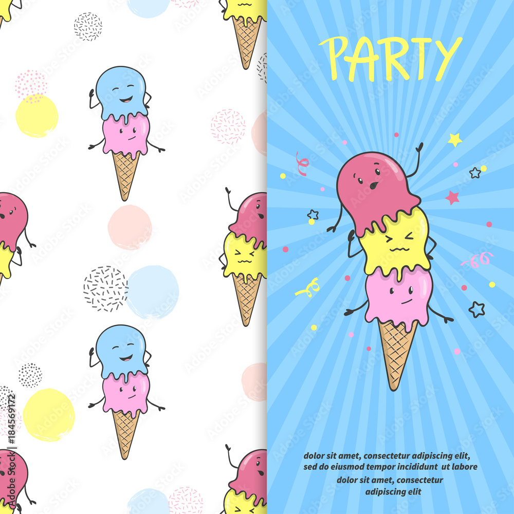 Ice cream party invitation or poster template. Vector cartoon ice cream ...