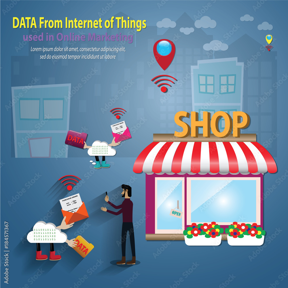 Cartoon concept,Big data from Internet of things in online marketing ...